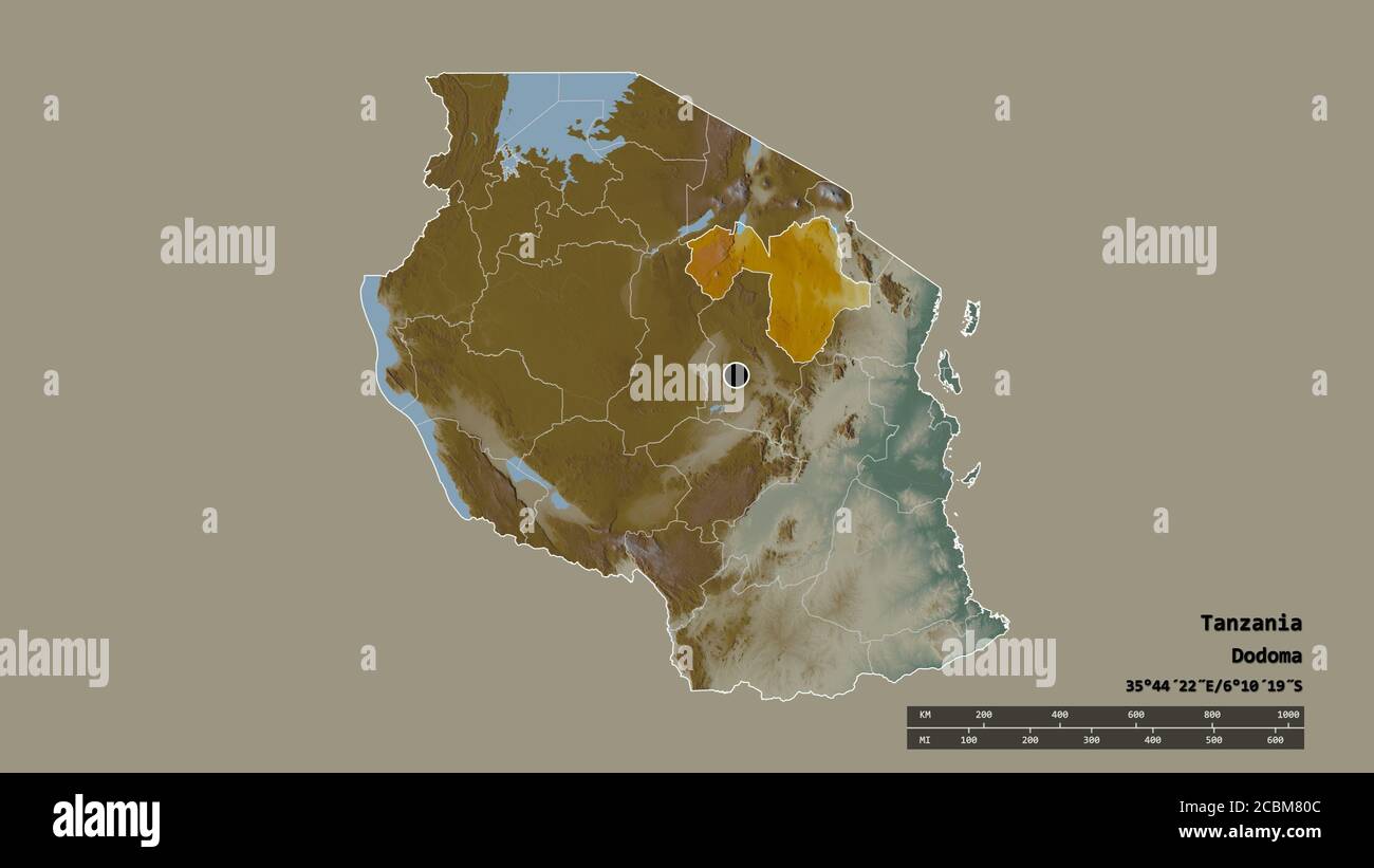 Desaturated shape of Tanzania with its capital, main regional division ...
