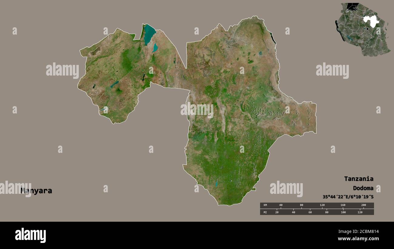 Shape of Manyara, region of Tanzania, with its capital isolated on ...