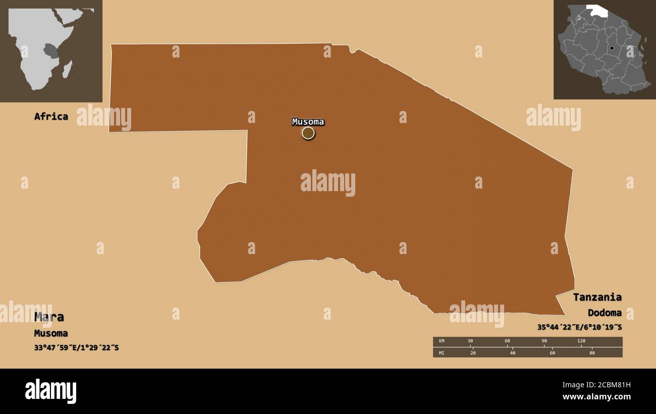 Shape of Mara, region of Tanzania, and its capital. Distance scale ...