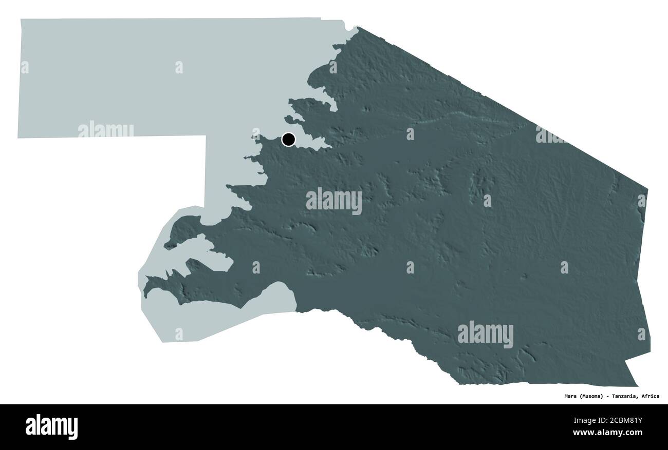 Shape of Mara, region of Tanzania, with its capital isolated on white ...