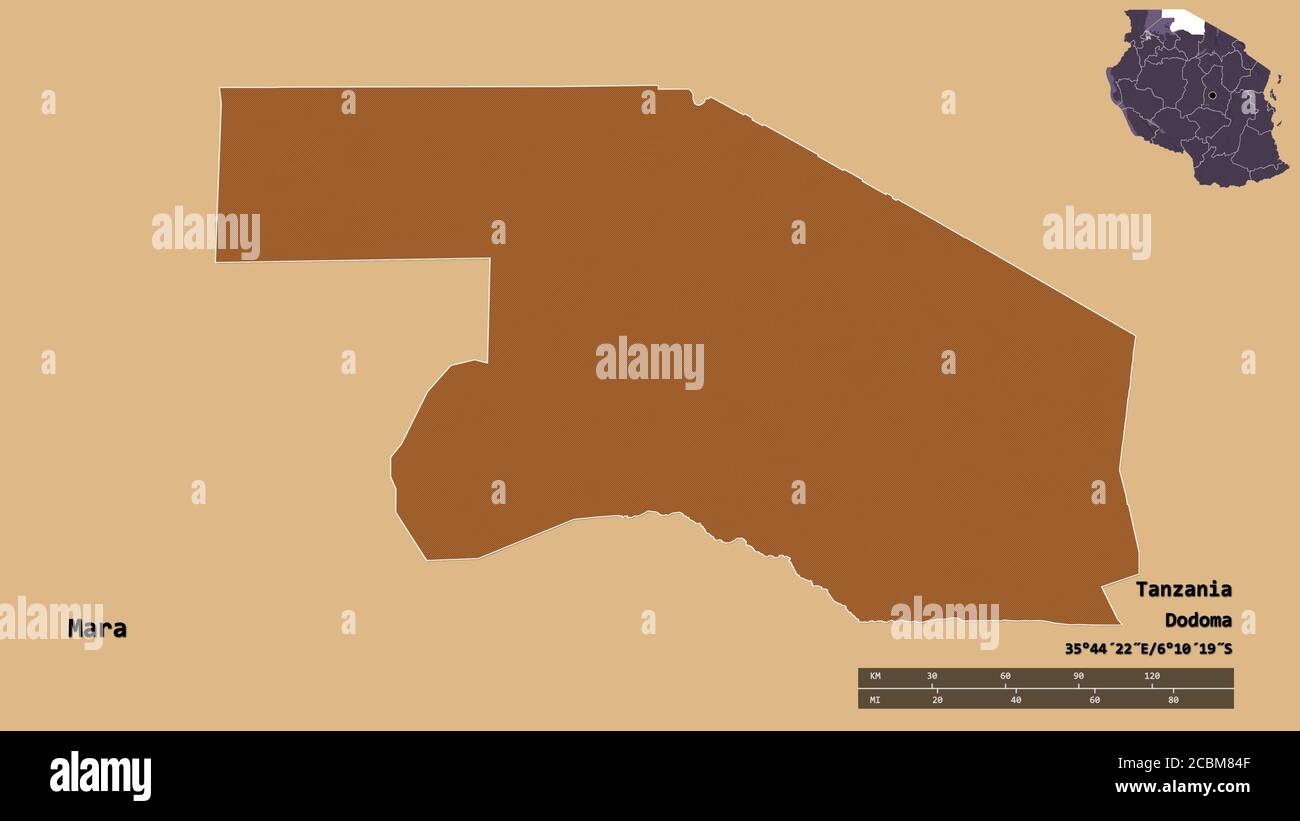 Shape of Mara, region of Tanzania, with its capital isolated on solid ...