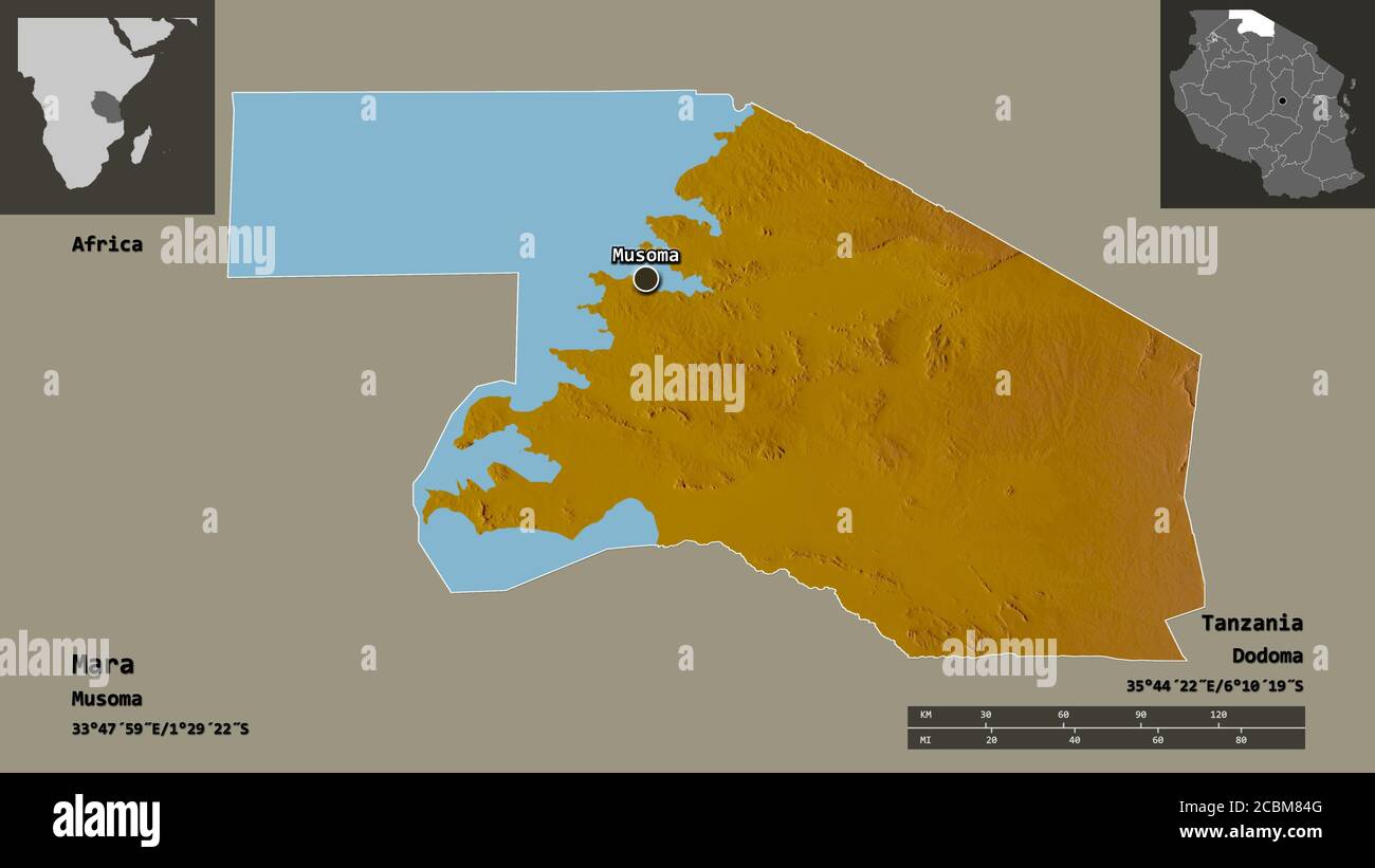 Shape of Mara, region of Tanzania, and its capital. Distance scale ...