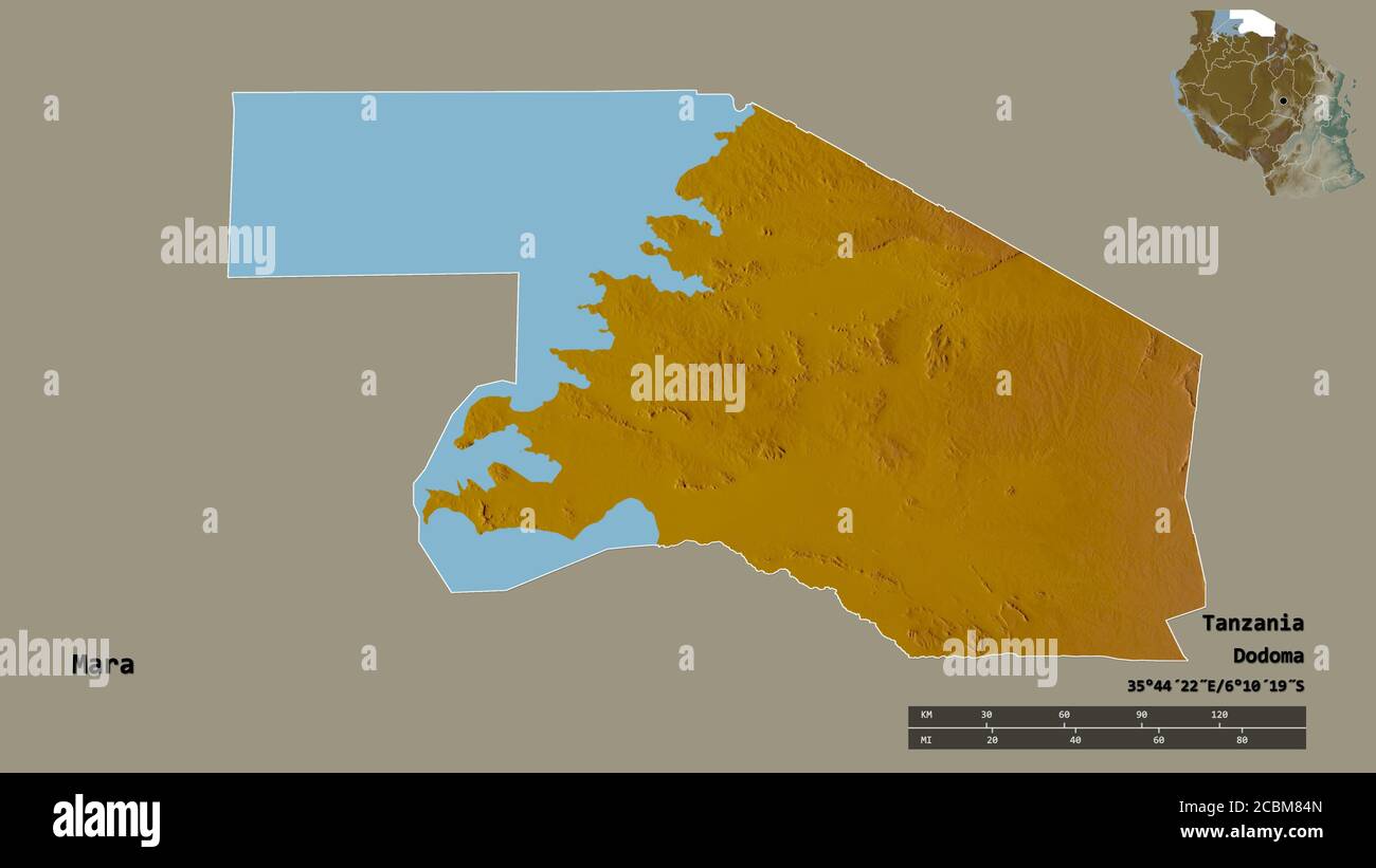 Shape of Mara, region of Tanzania, with its capital isolated on solid ...