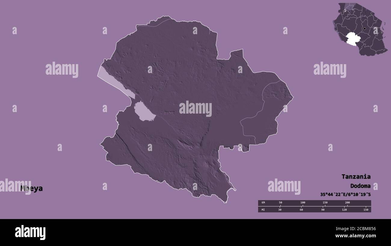 Shape of Mbeya, region of Tanzania, with its capital isolated on solid ...