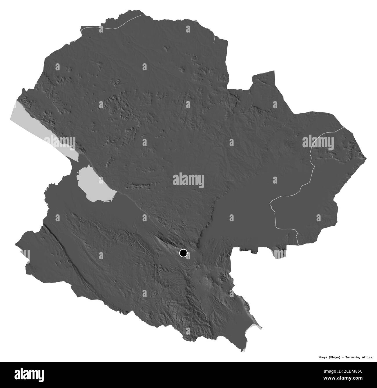 Shape of Mbeya, region of Tanzania, with its capital isolated on white ...