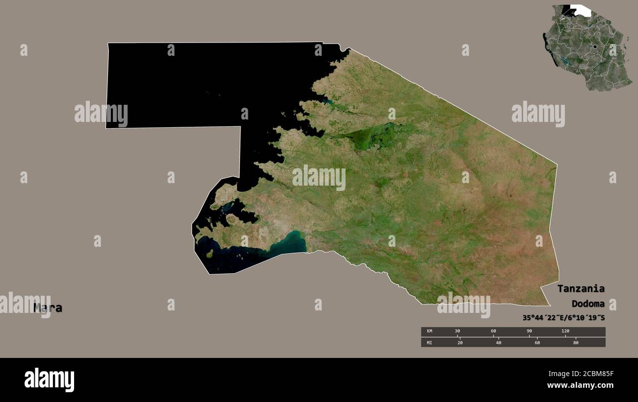 Shape of Mara, region of Tanzania, with its capital isolated on solid ...