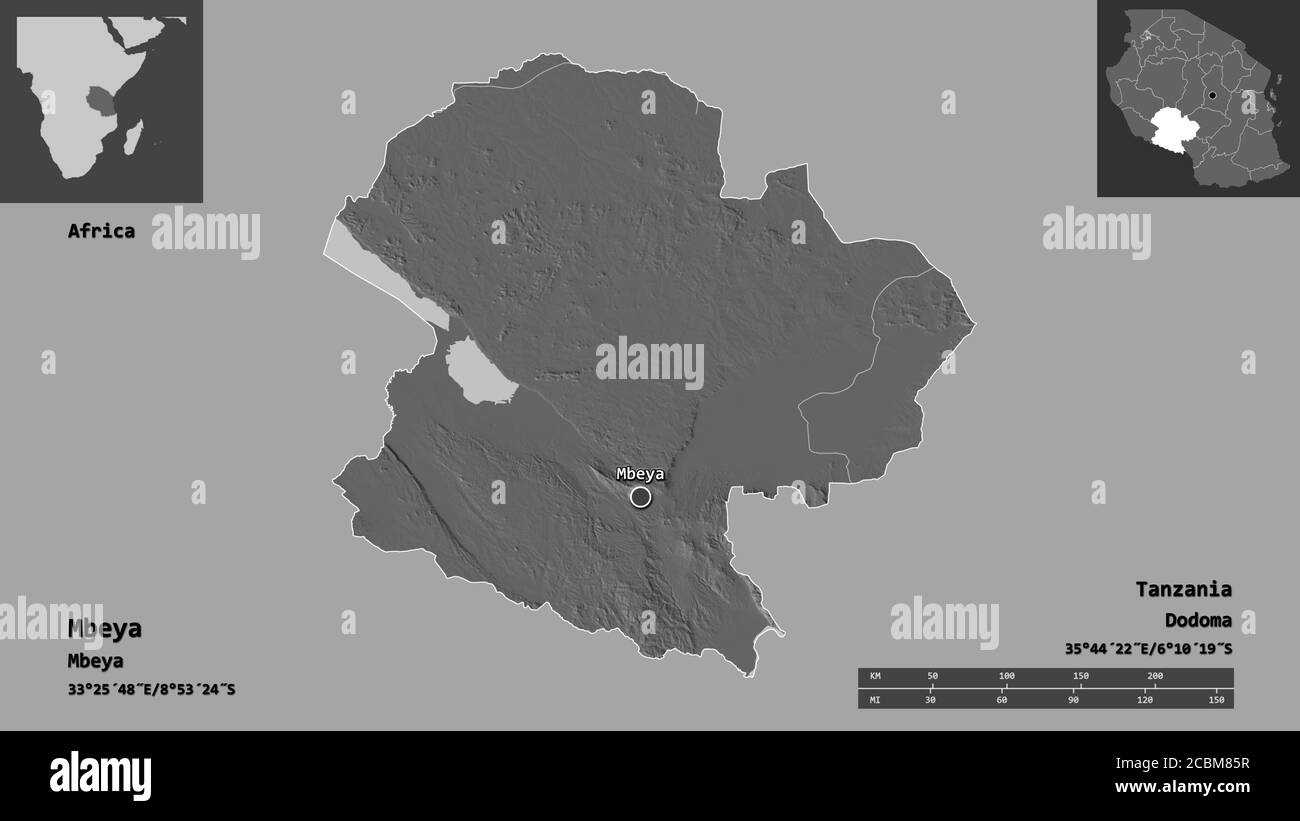 Shape of Mbeya, region of Tanzania, and its capital. Distance scale ...