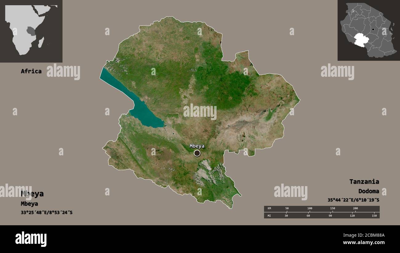 Shape of Mbeya, region of Tanzania, and its capital. Distance scale ...