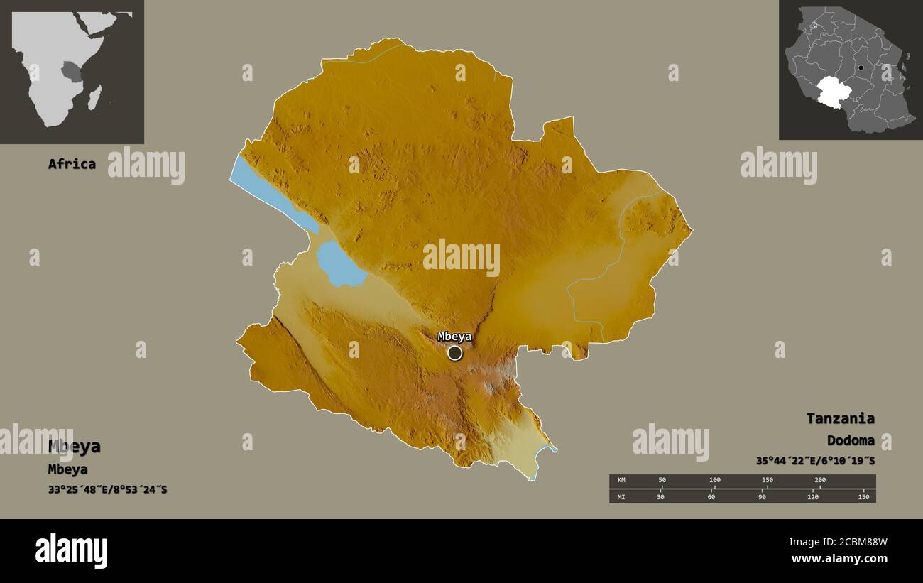 Shape of Mbeya, region of Tanzania, and its capital. Distance scale ...