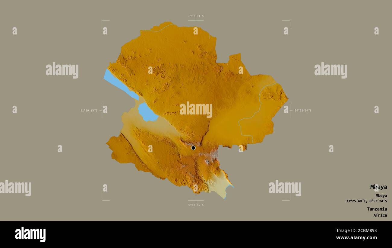 Area of Mbeya, region of Tanzania, isolated on a solid background in a ...