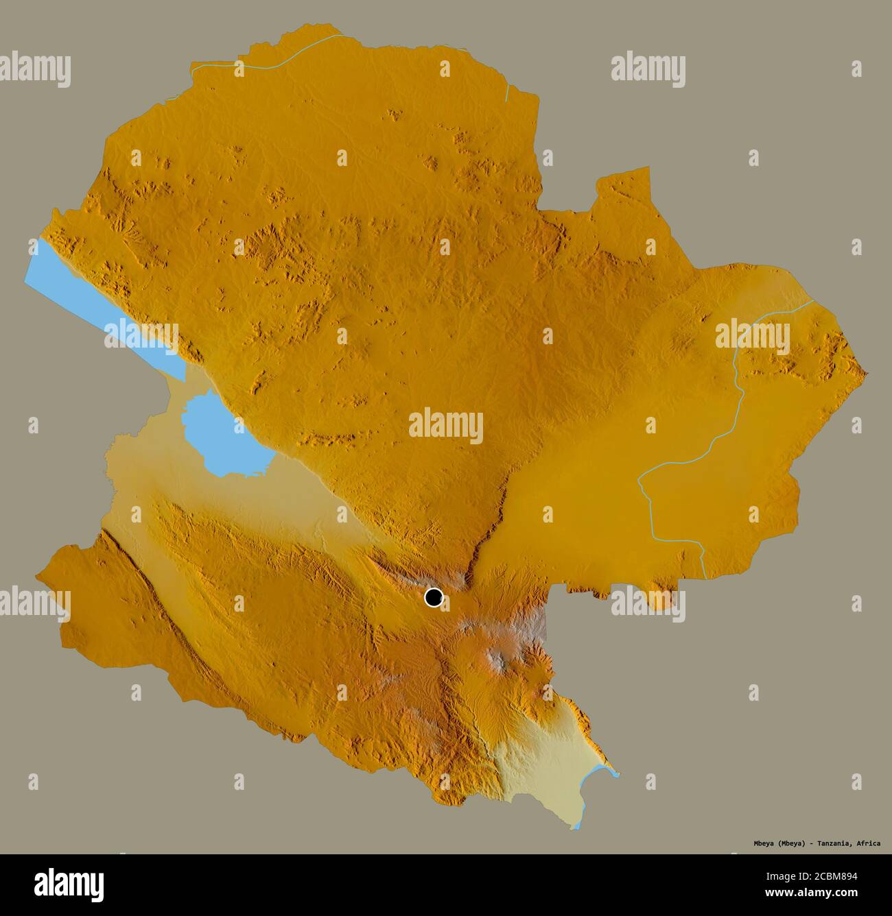 Shape of Mbeya, region of Tanzania, with its capital isolated on a ...