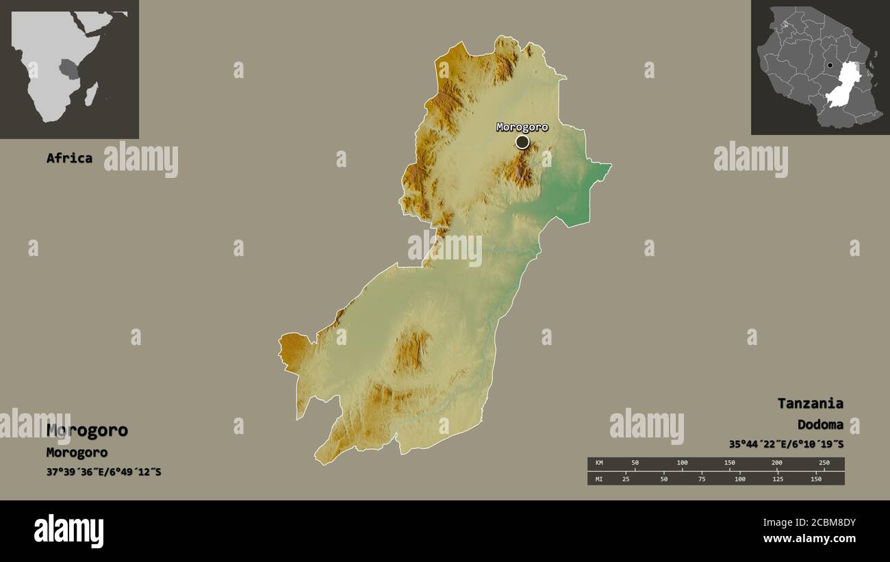 Shape of Morogoro, region of Tanzania, and its capital. Distance scale ...