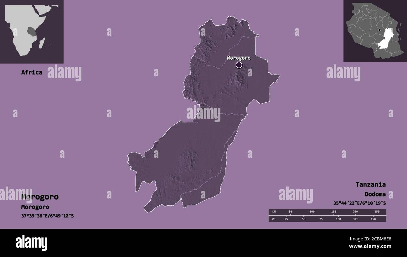 Shape of Morogoro, region of Tanzania, and its capital. Distance scale ...