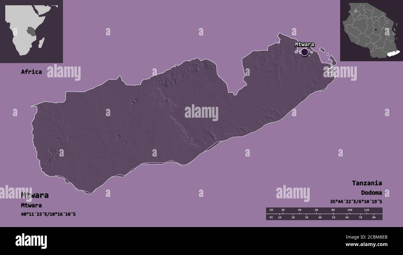 Shape of Mtwara, region of Tanzania, and its capital. Distance scale ...