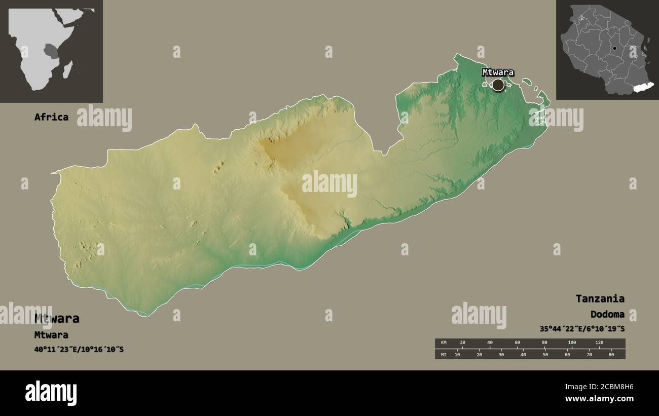 Shape of Mtwara, region of Tanzania, and its capital. Distance scale ...