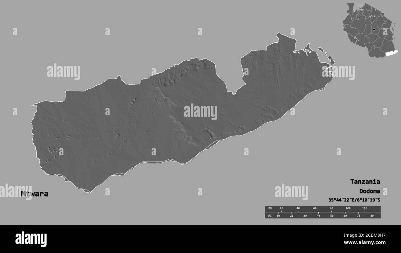 Shape of Mtwara, region of Tanzania, with its capital isolated on solid ...