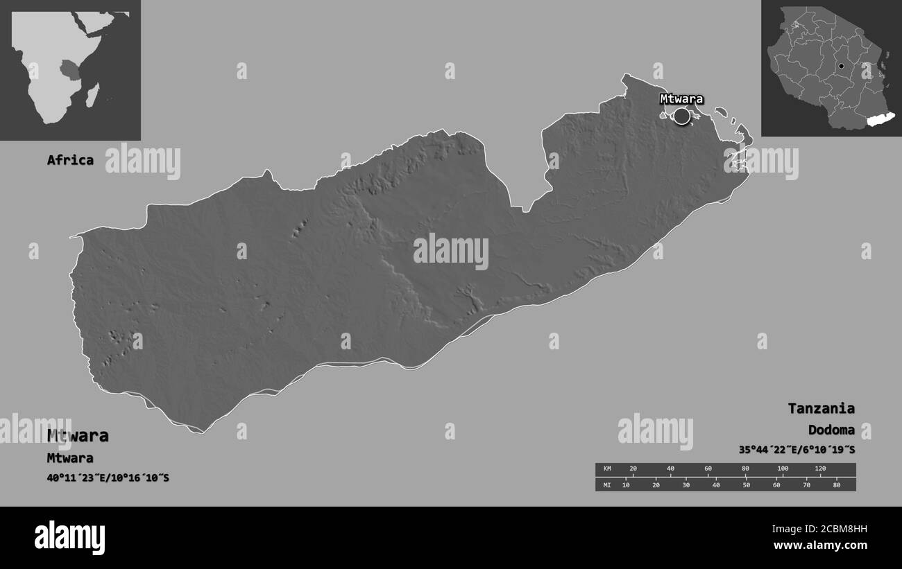 Shape of Mtwara, region of Tanzania, and its capital. Distance scale ...