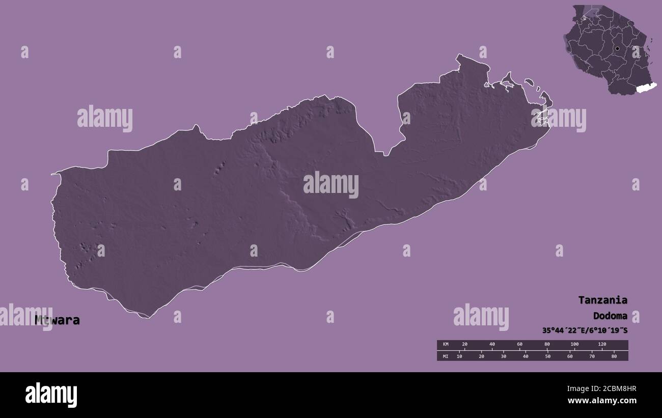 Shape of Mtwara, region of Tanzania, with its capital isolated on solid ...