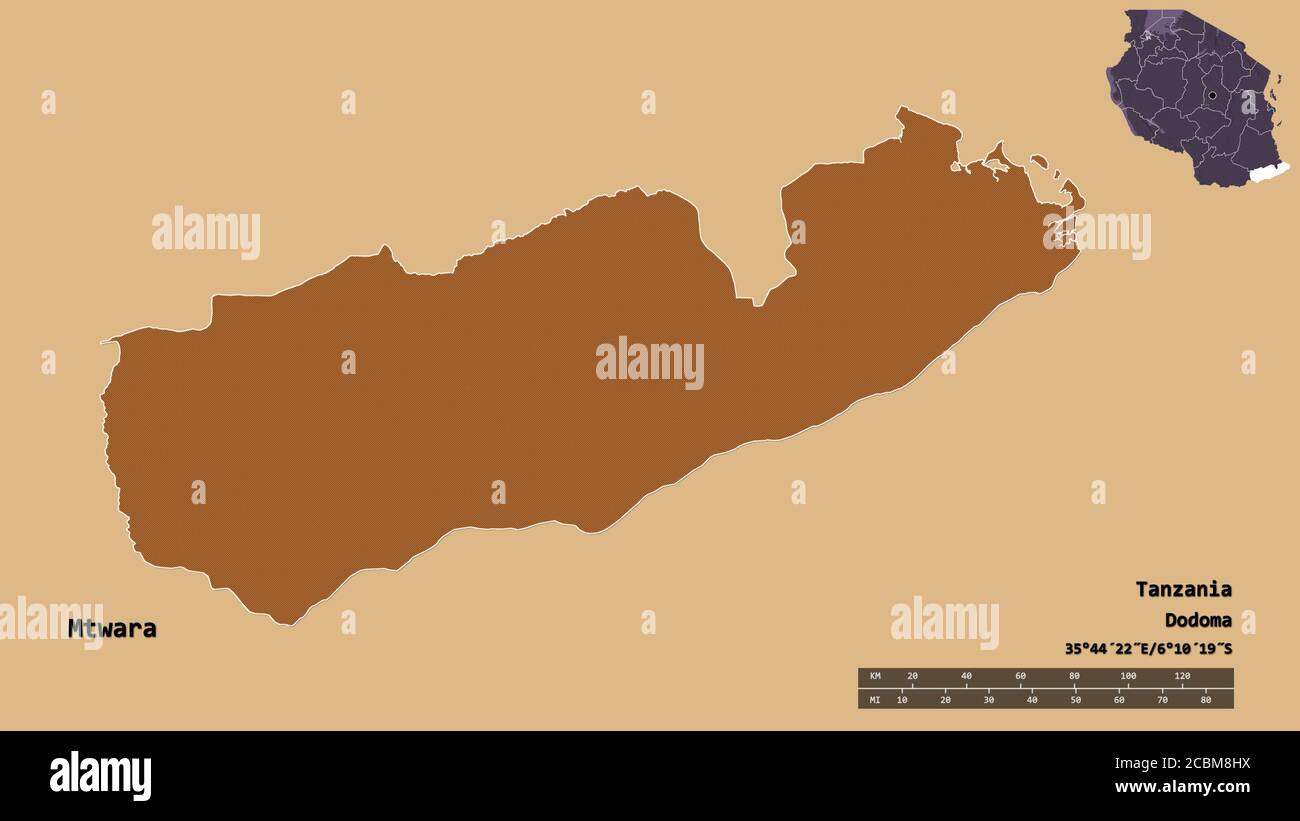 Shape of Mtwara, region of Tanzania, with its capital isolated on solid ...