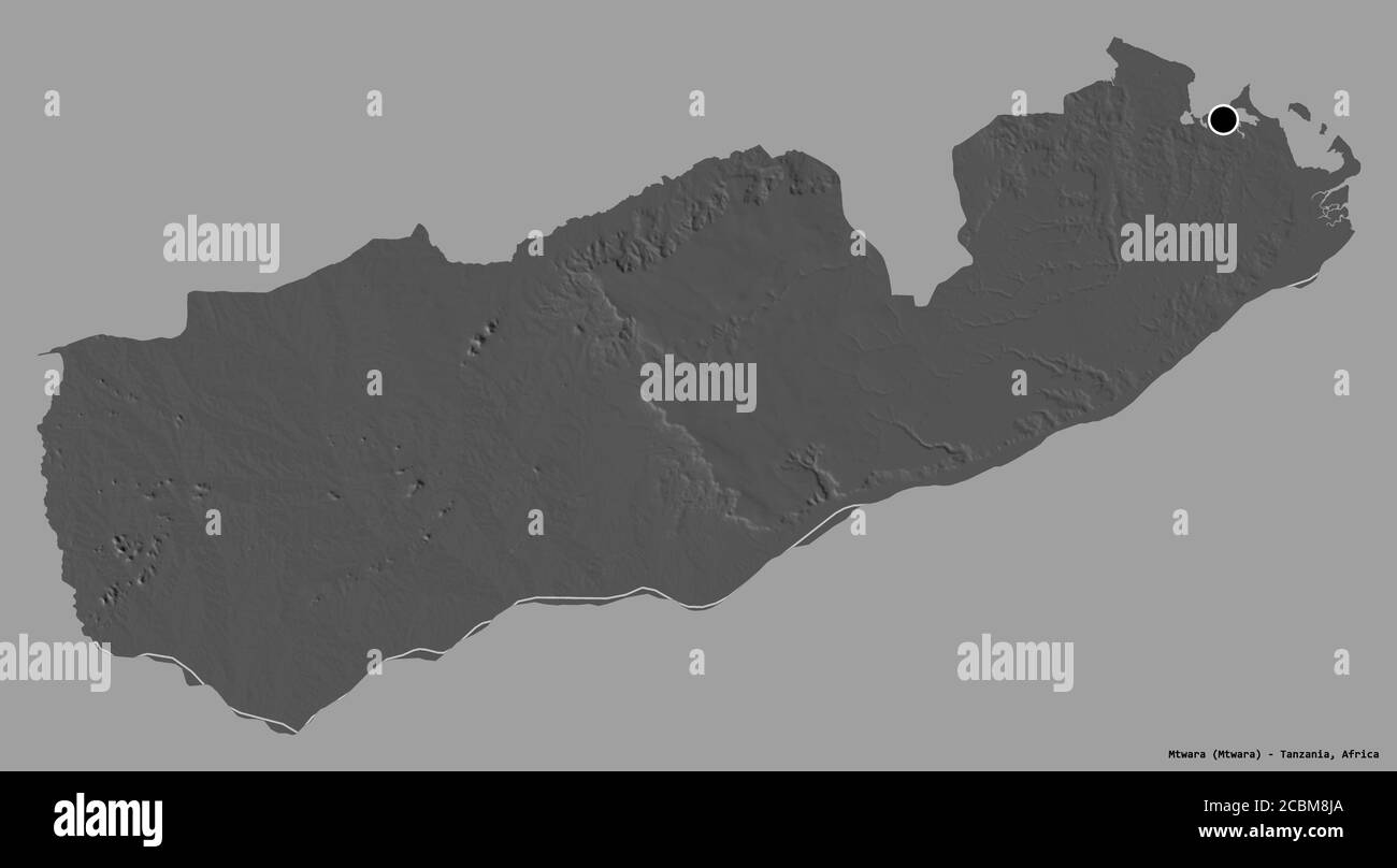 Shape of Mtwara, region of Tanzania, with its capital isolated on a ...