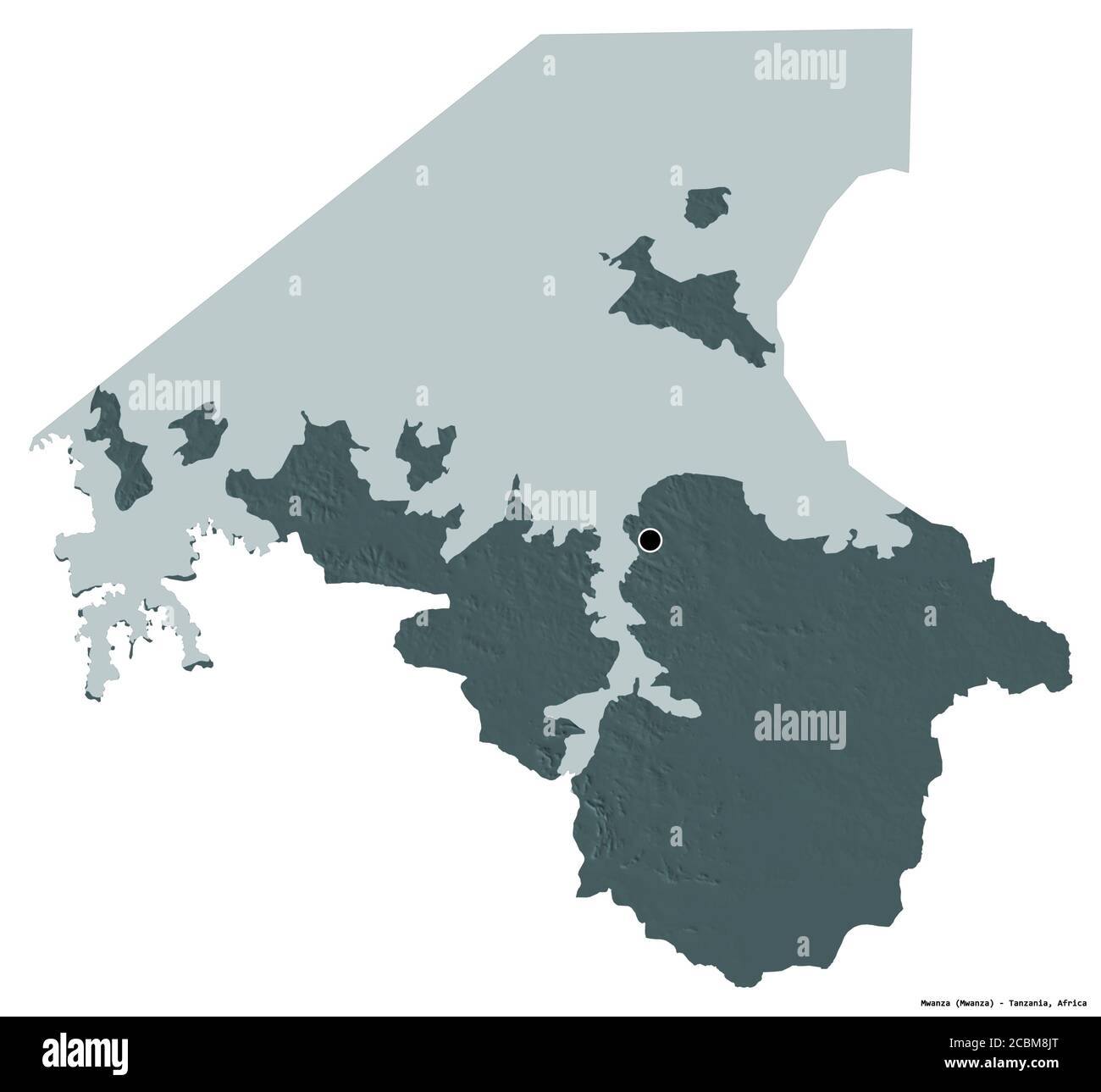 Shape of Mwanza, region of Tanzania, with its capital isolated on white ...