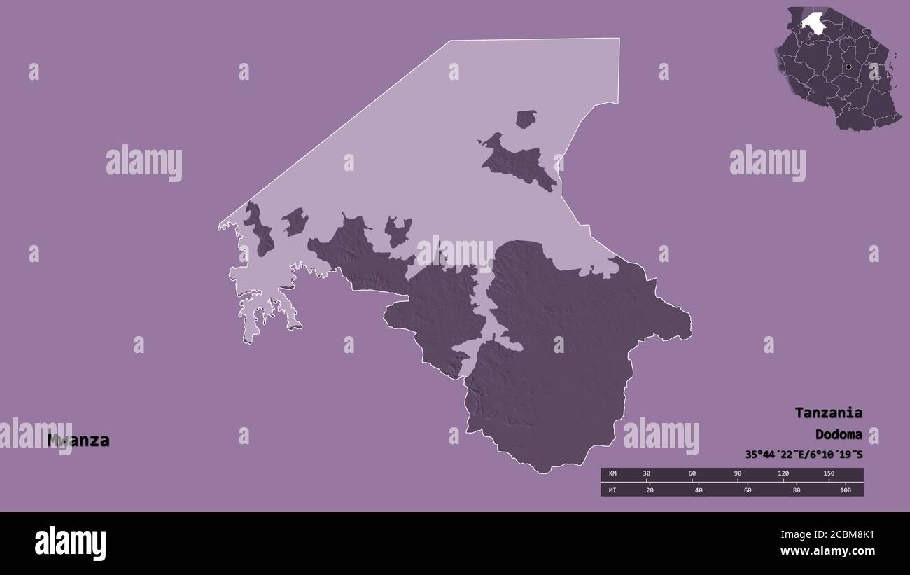 Shape of Mwanza, region of Tanzania, with its capital isolated on solid ...