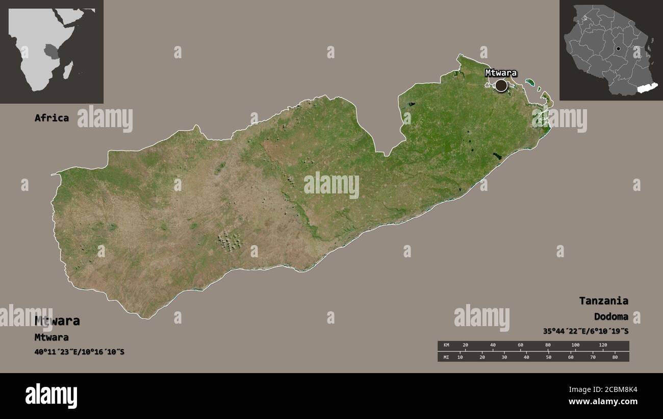 Shape of Mtwara, region of Tanzania, and its capital. Distance scale ...