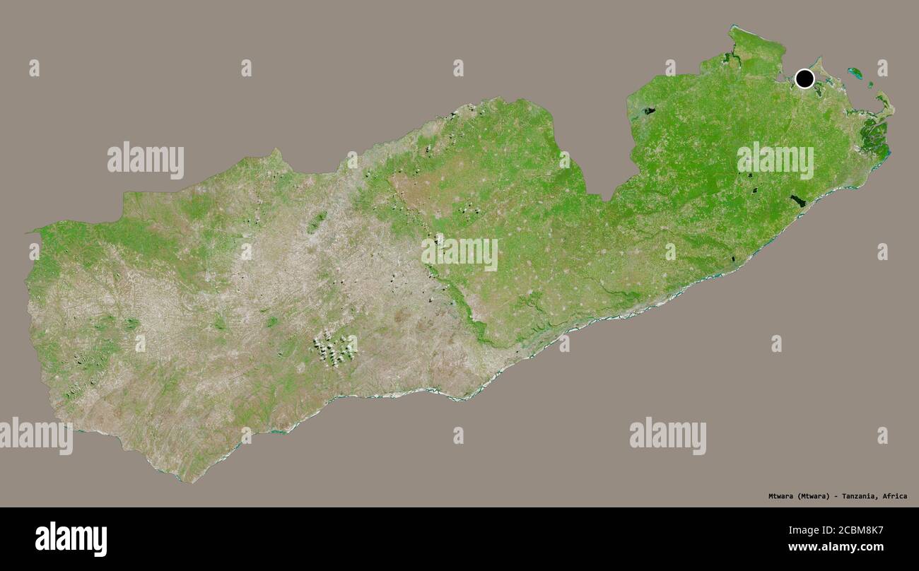 Shape of Mtwara, region of Tanzania, with its capital isolated on a ...