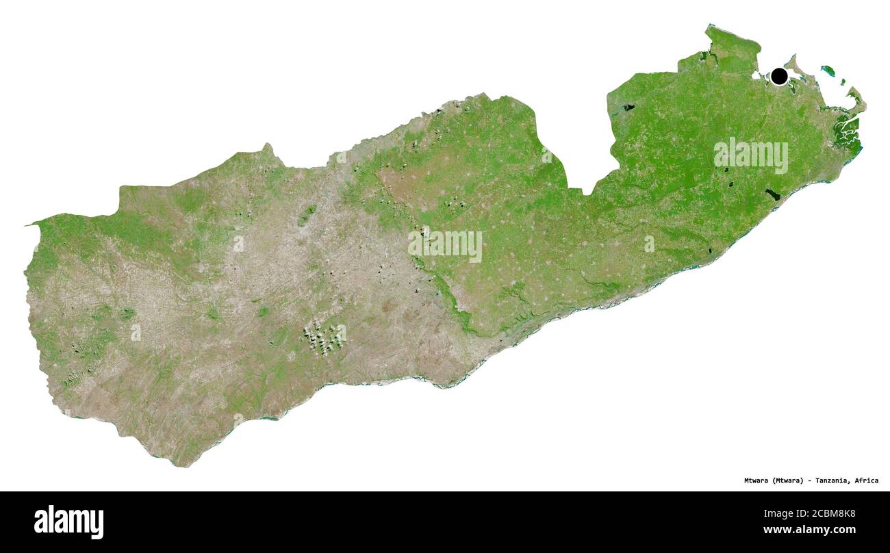 Shape of Mtwara, region of Tanzania, with its capital isolated on white ...