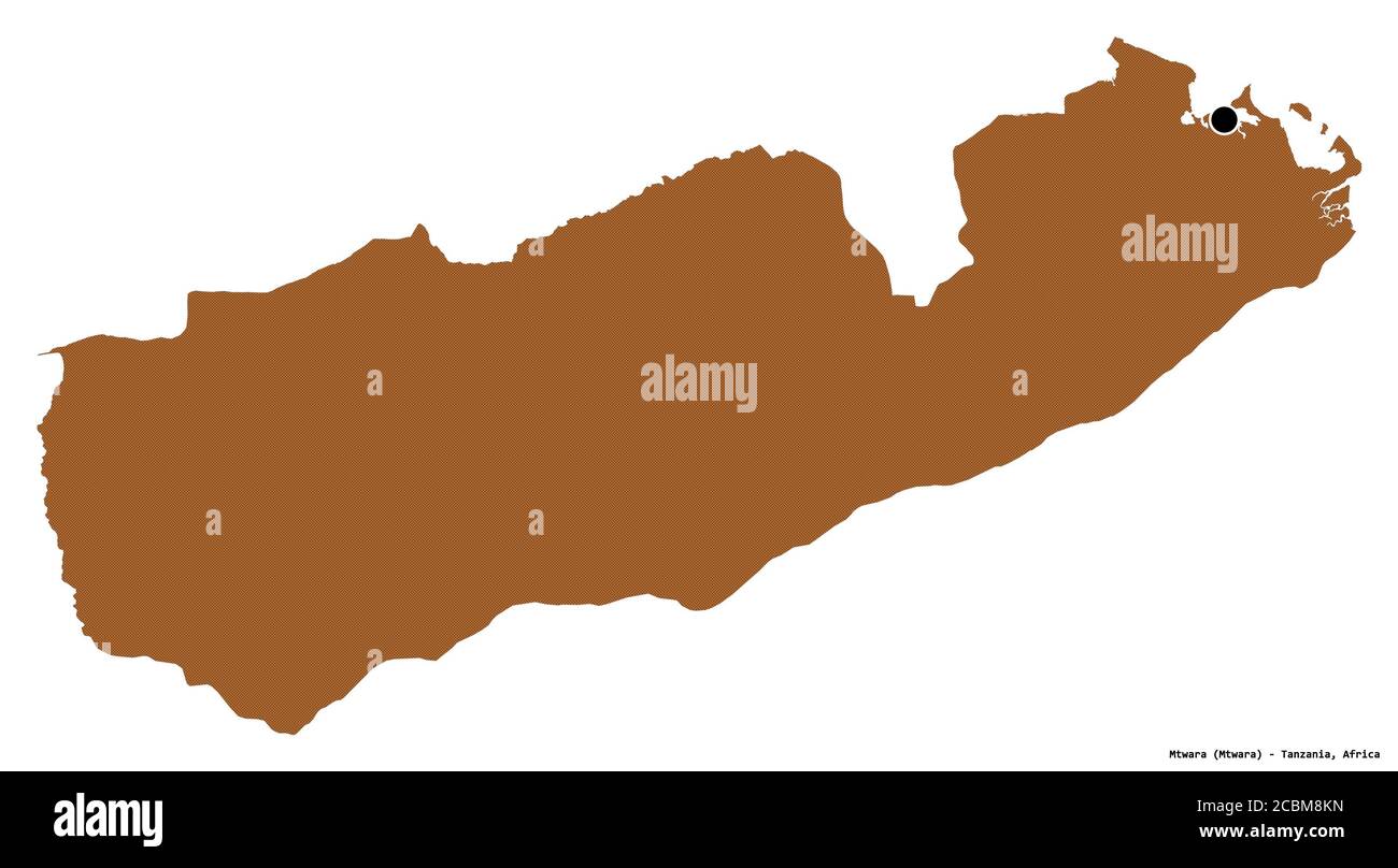 Shape of Mtwara, region of Tanzania, with its capital isolated on white ...