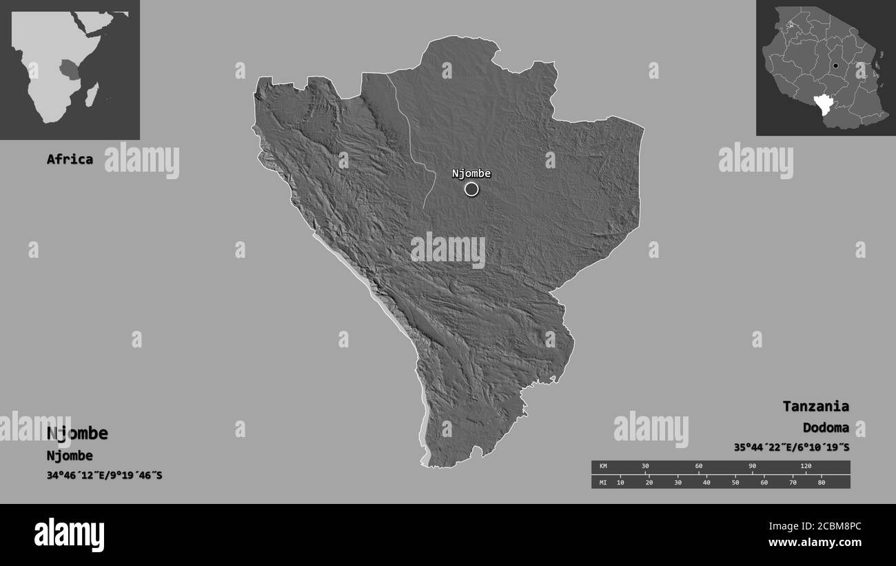 Shape of Njombe, region of Tanzania, and its capital. Distance scale ...