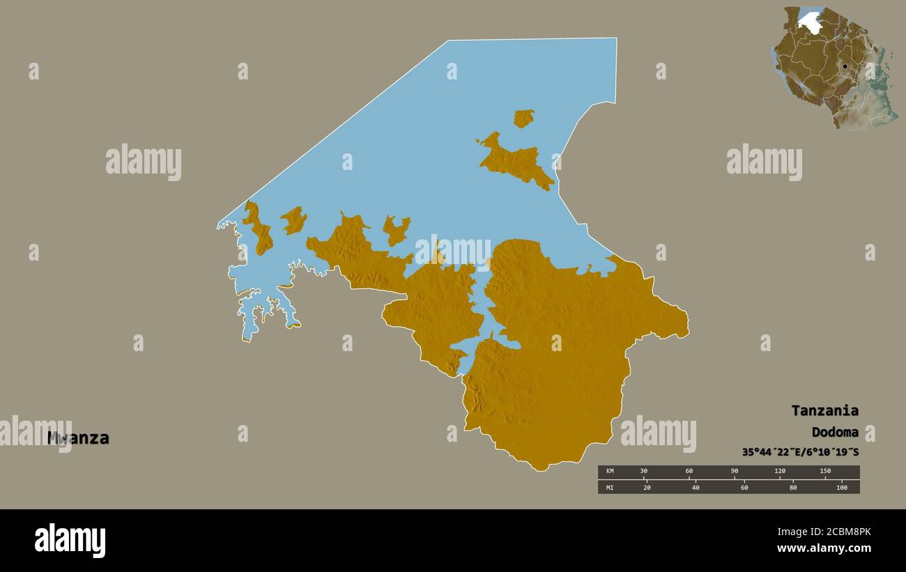 Shape of Mwanza, region of Tanzania, with its capital isolated on solid ...