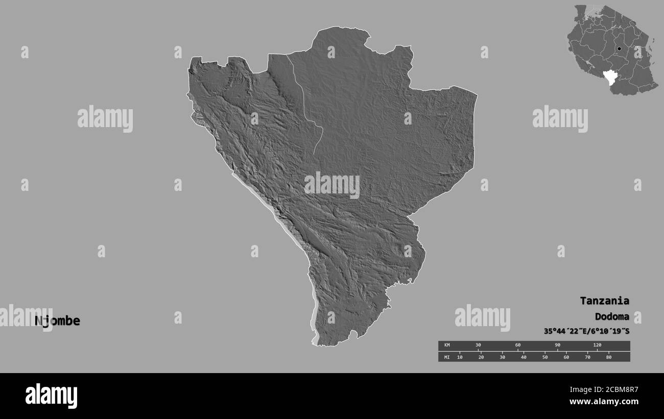 Shape of Njombe, region of Tanzania, with its capital isolated on solid ...