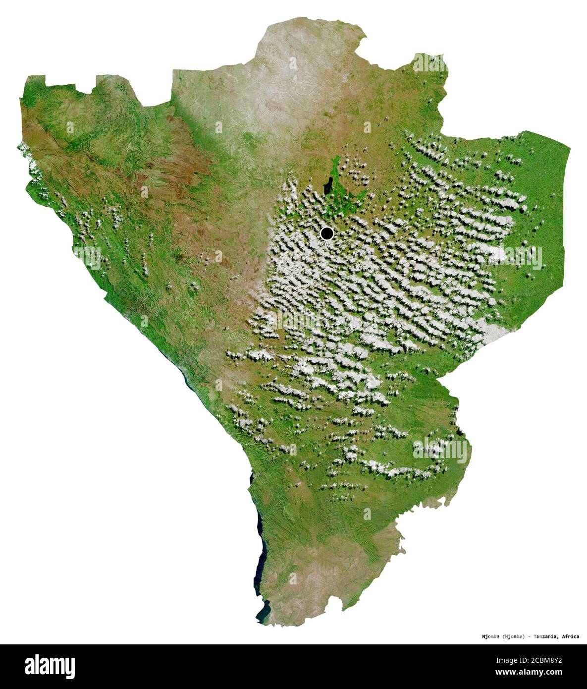 Shape of Njombe, region of Tanzania, with its capital isolated on white ...