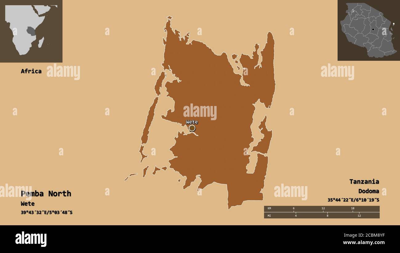 Shape of Pemba North, region of Tanzania, and its capital. Distance ...