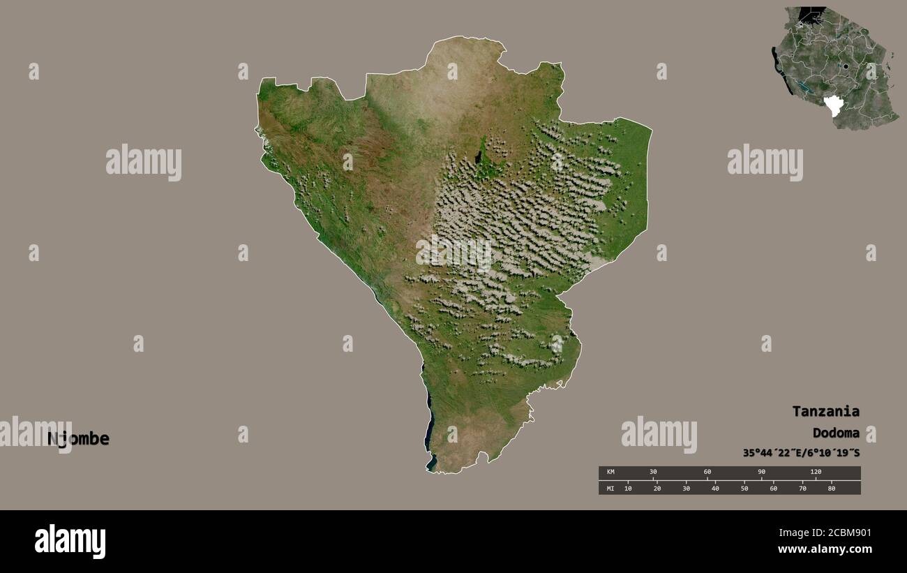 Shape of Njombe, region of Tanzania, with its capital isolated on solid ...