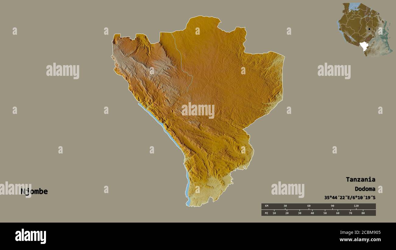 Shape of Njombe, region of Tanzania, with its capital isolated on solid ...