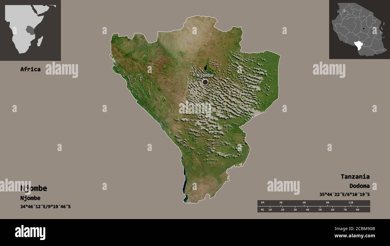 Shape of Njombe, region of Tanzania, and its capital. Distance scale ...