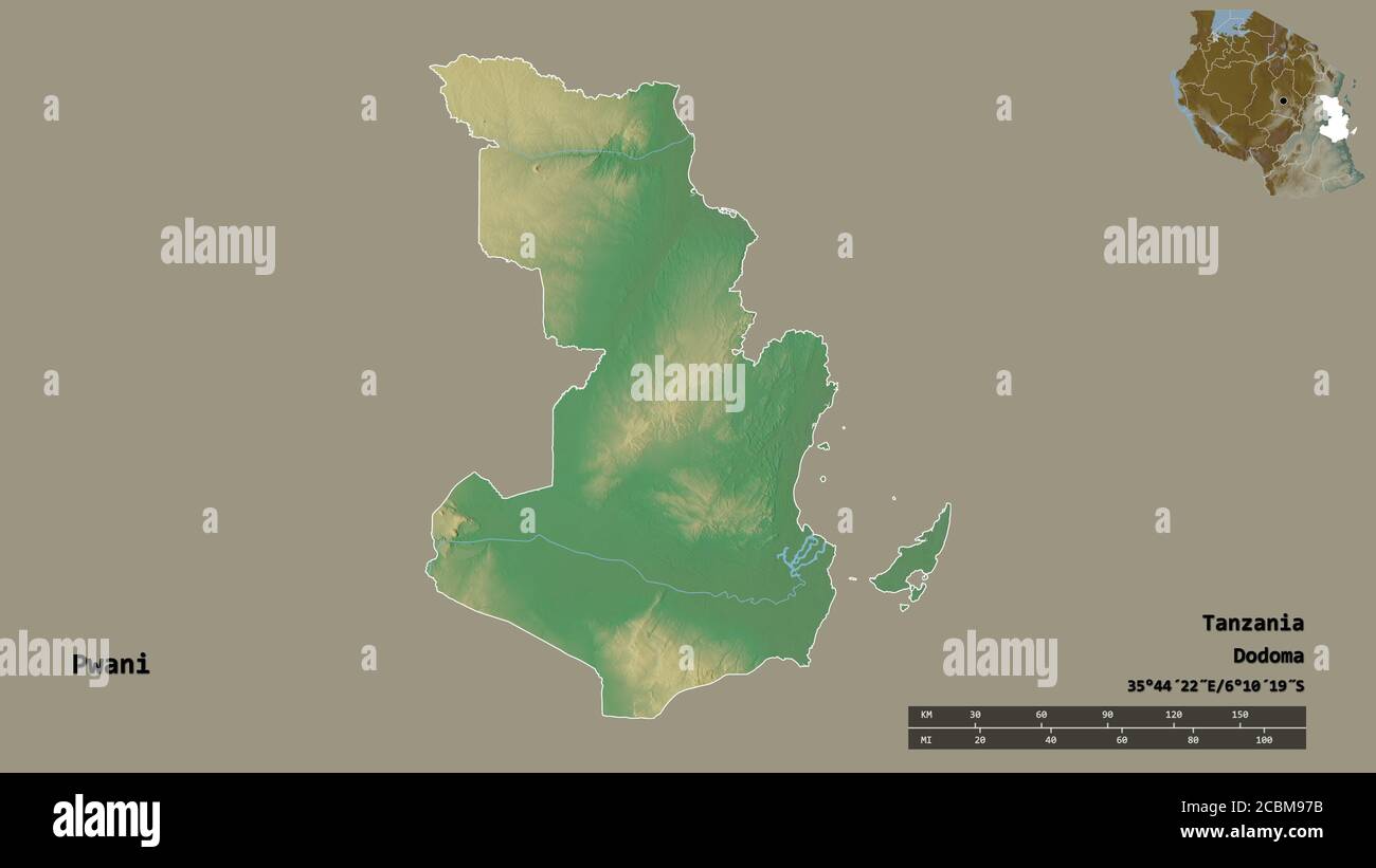 Shape of Pwani, region of Tanzania, with its capital isolated on solid ...