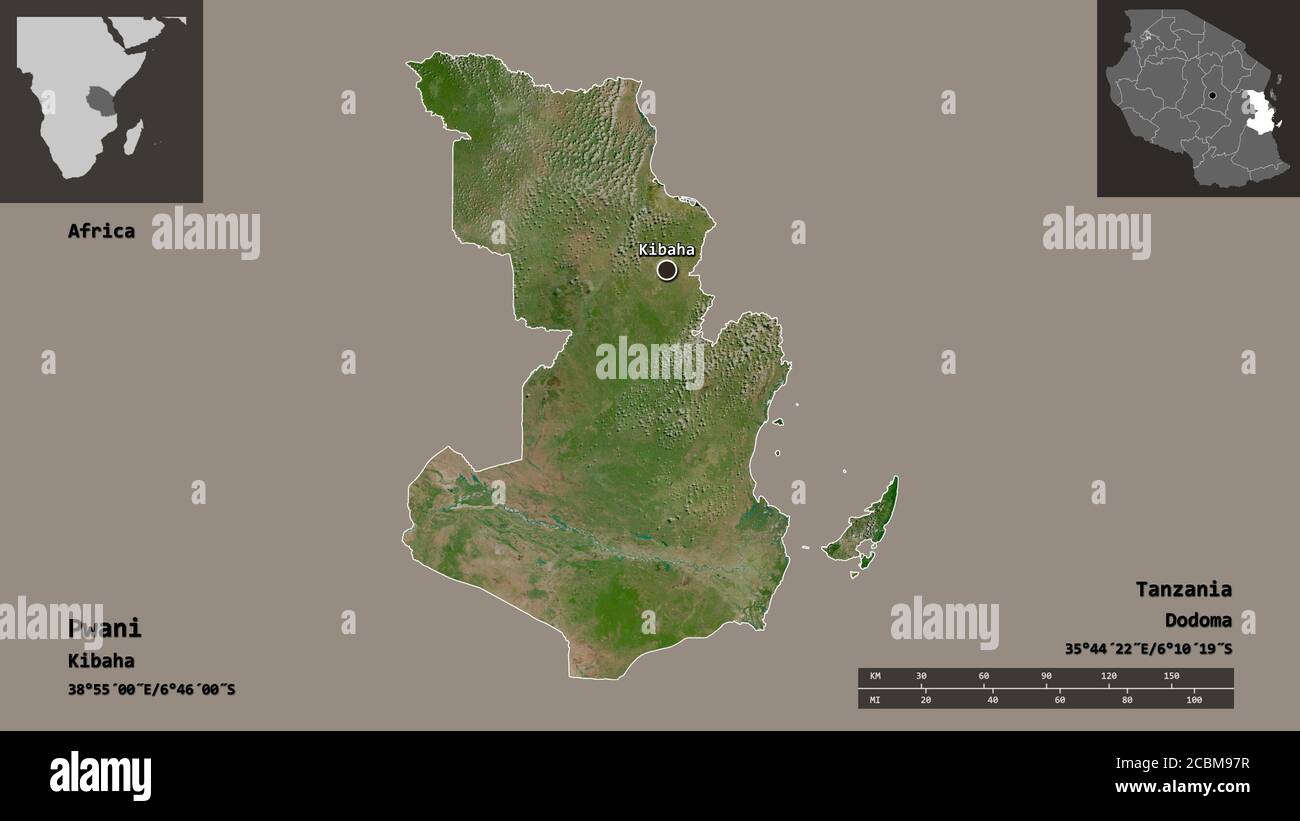 Shape of Pwani, region of Tanzania, and its capital. Distance scale ...