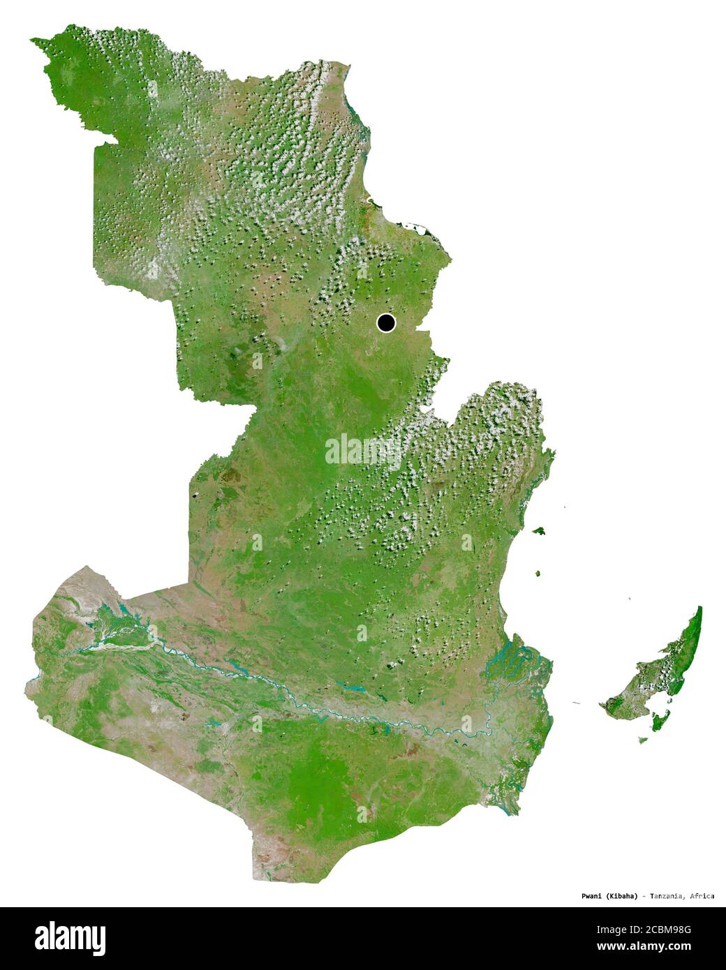 Shape of Pwani, region of Tanzania, with its capital isolated on white ...