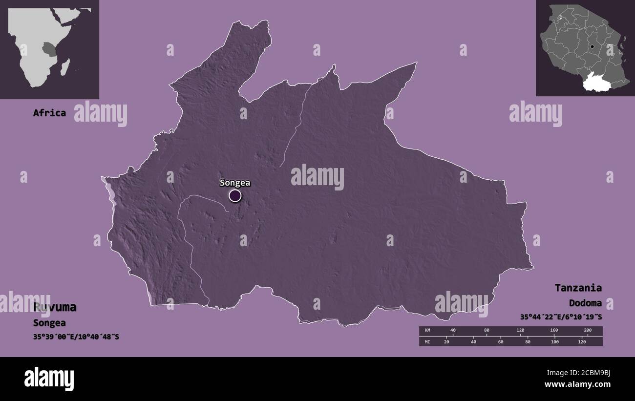 Shape of Ruvuma, region of Tanzania, and its capital. Distance scale ...