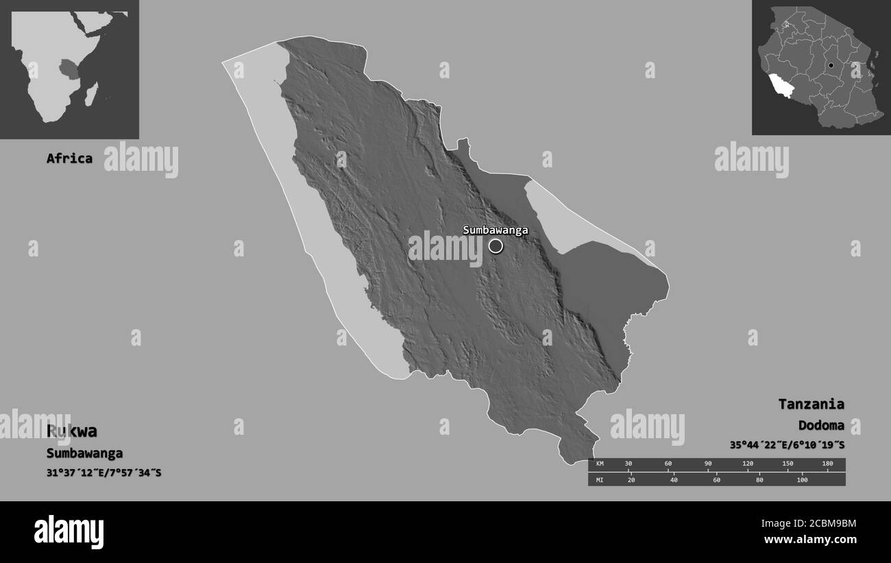 Shape of Rukwa, region of Tanzania, and its capital. Distance scale ...