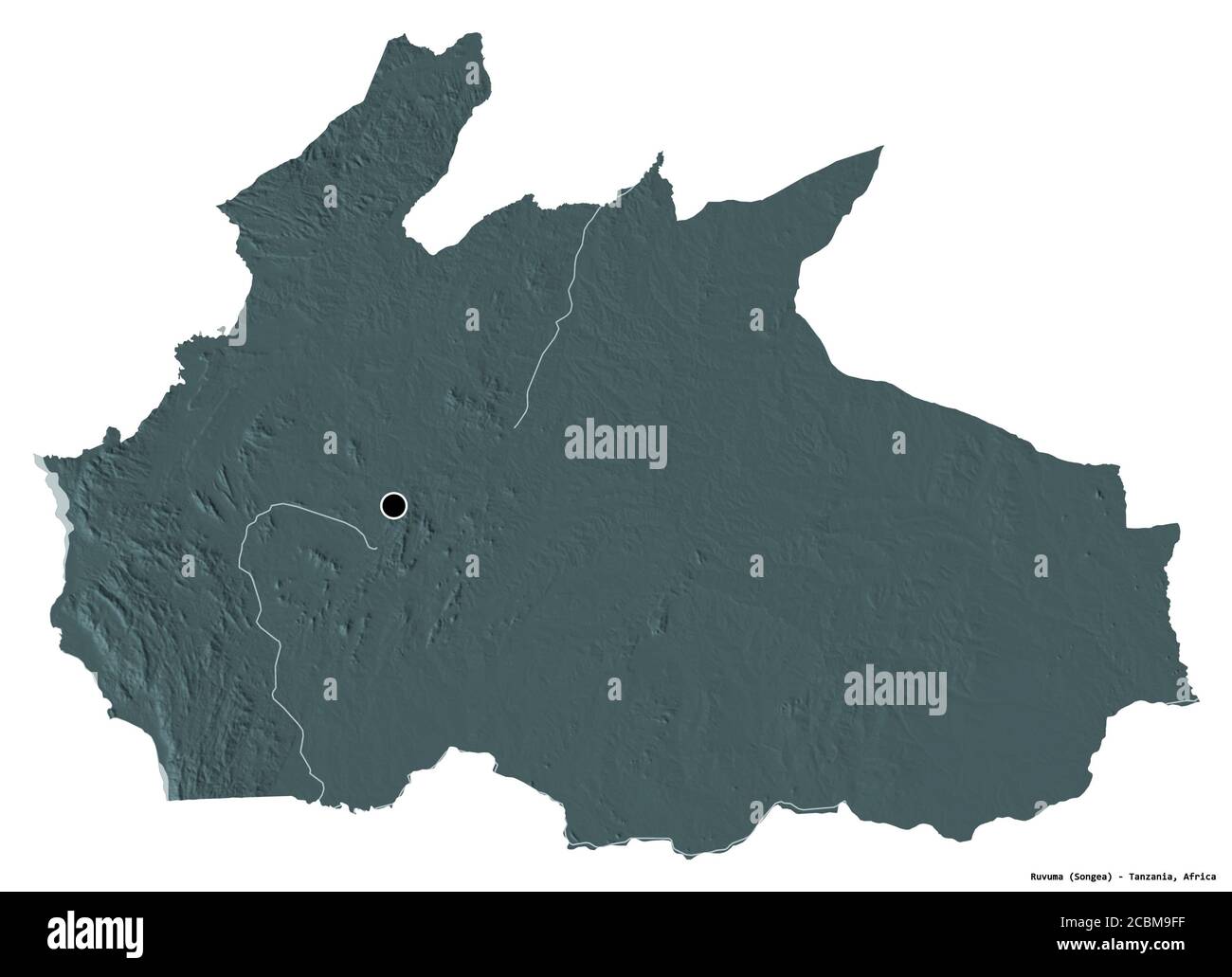 Shape of Ruvuma, region of Tanzania, with its capital isolated on white ...