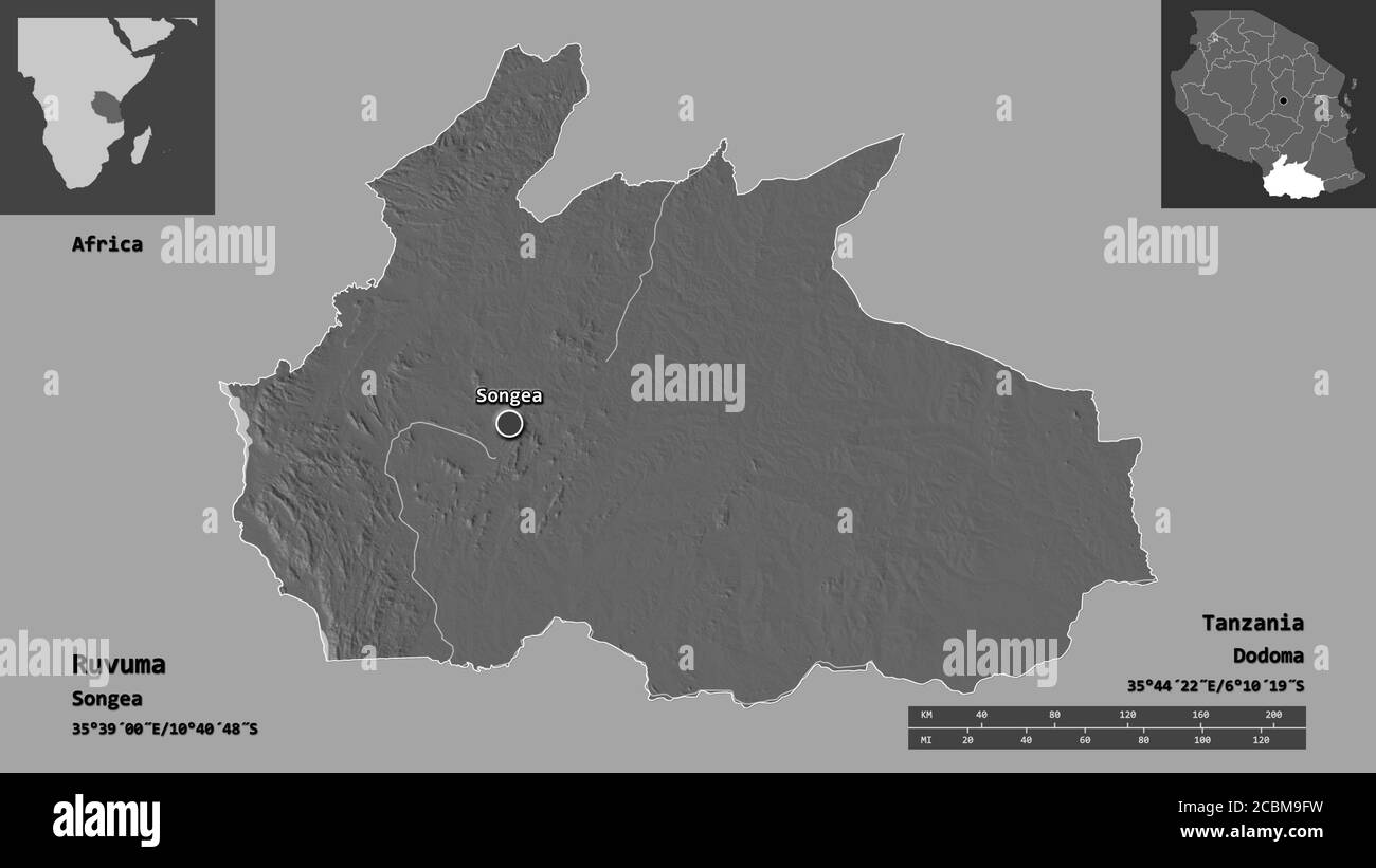 Shape of Ruvuma, region of Tanzania, and its capital. Distance scale ...