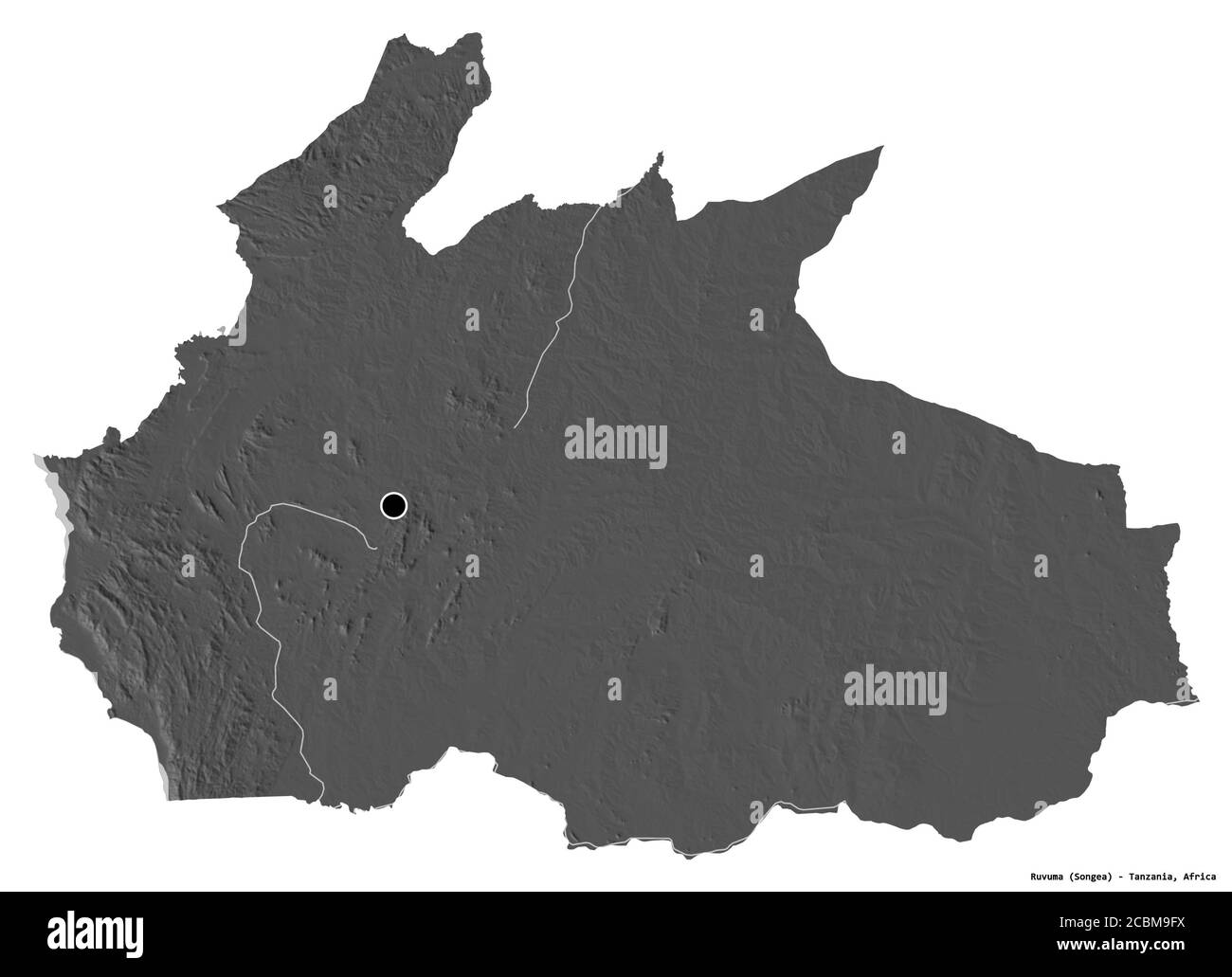 Shape of Ruvuma, region of Tanzania, with its capital isolated on white ...