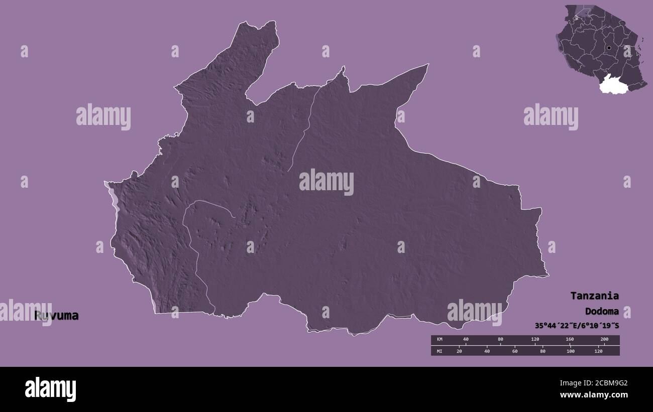 Shape of Ruvuma, region of Tanzania, with its capital isolated on solid ...