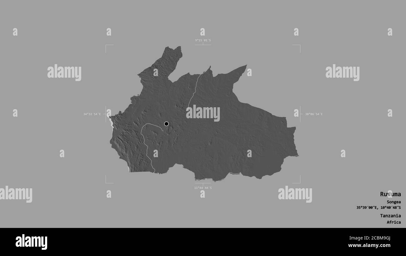 Area of Ruvuma, region of Tanzania, isolated on a solid background in a ...