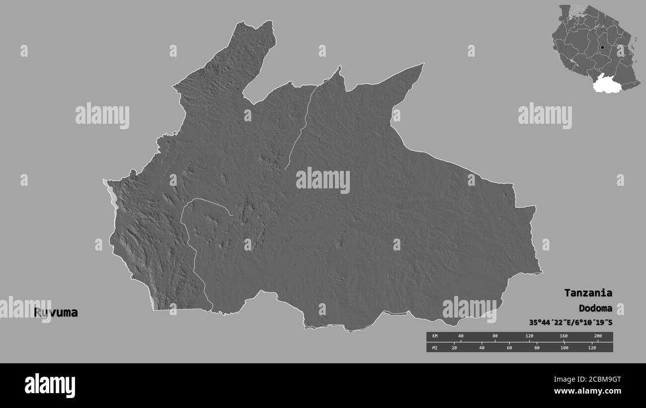Shape of Ruvuma, region of Tanzania, with its capital isolated on solid ...