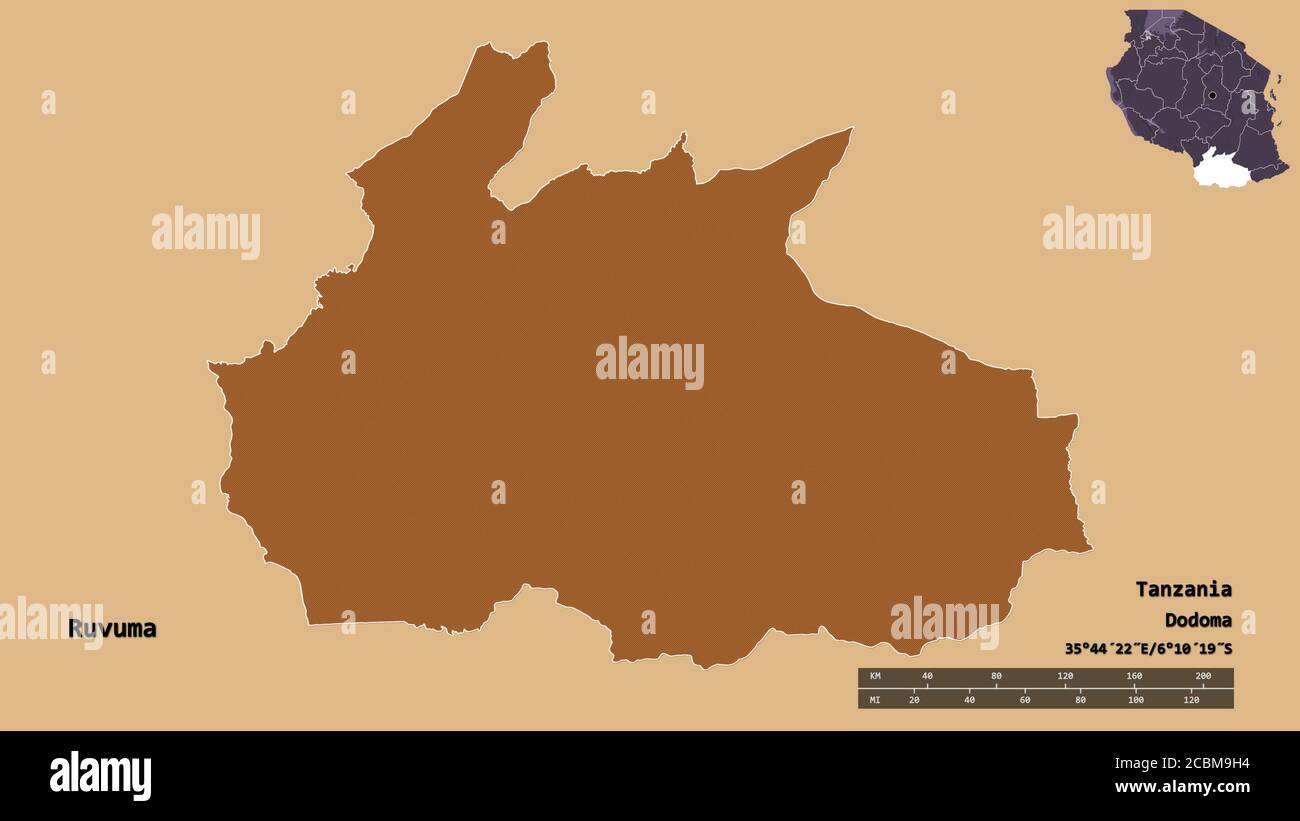 Shape of Ruvuma, region of Tanzania, with its capital isolated on solid ...